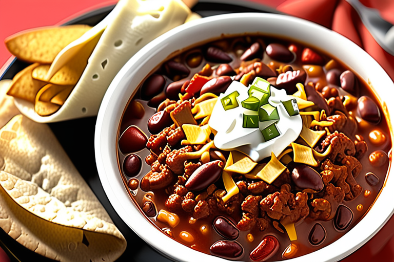 Delicious Bowl of Chili Topped with Sour Cream and Fresh Ingredients