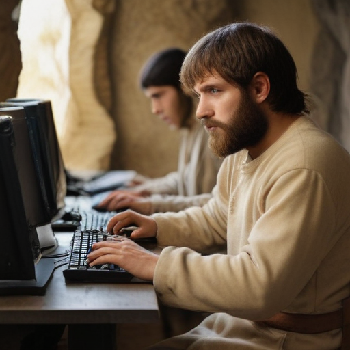 Early humans working with computers