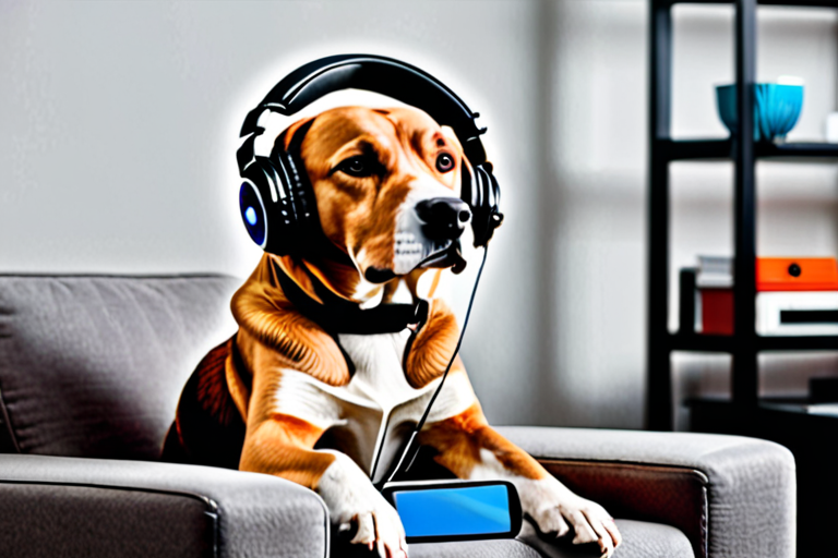 a dog sitting on a gaming chair with headphones listening to music