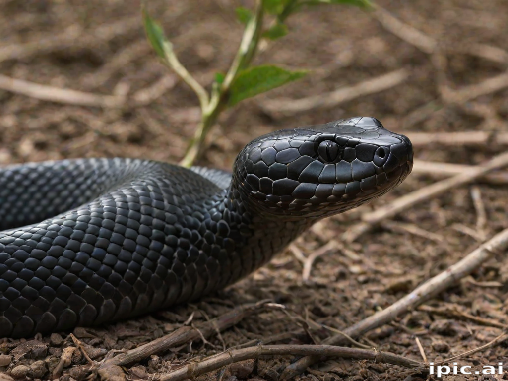 Close-Up of a Majestic Black Snake Slithering Through Natural Terrain