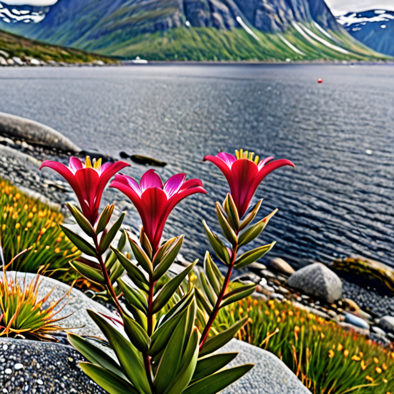 exotic flower at the shoreline i fjord photo in arctic Norway