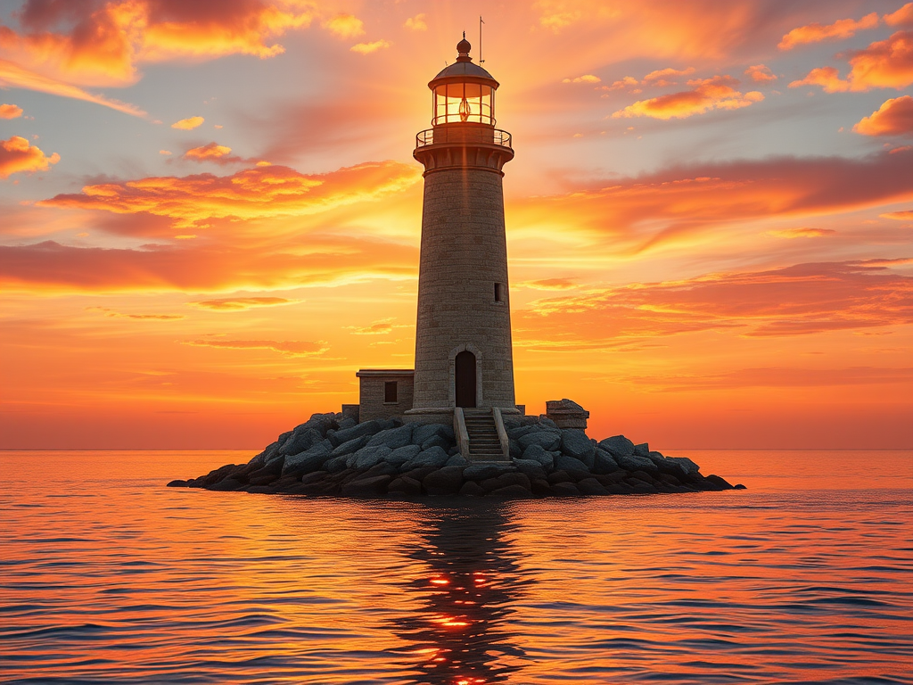 Majestic Lighthouse Standing Tall Against a Stunning Sunset Over ...