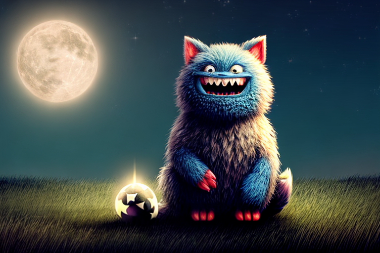 cute fluffy monster with teeth at night
