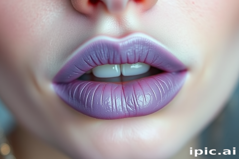 A Close-Up of Glossy Lips with a Unique Lavender Hue and Texture.