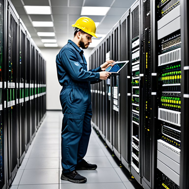 IT technician working on AS400 operative system, inside a datacenter