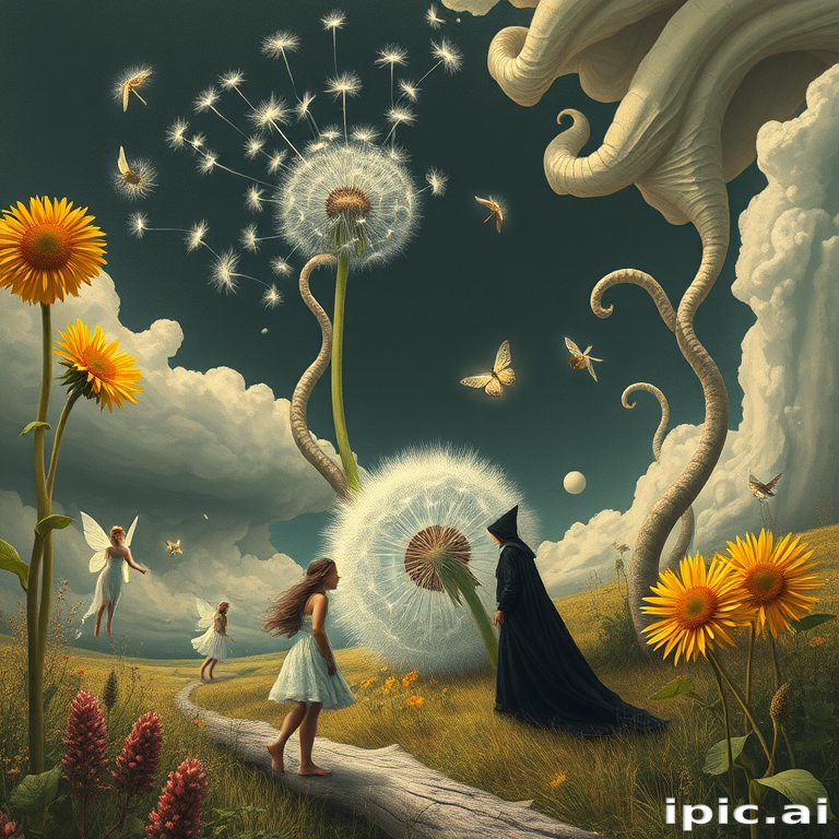 Whimsical Encounter in a Dreamlike Landscape Filled with Dandelions and ...