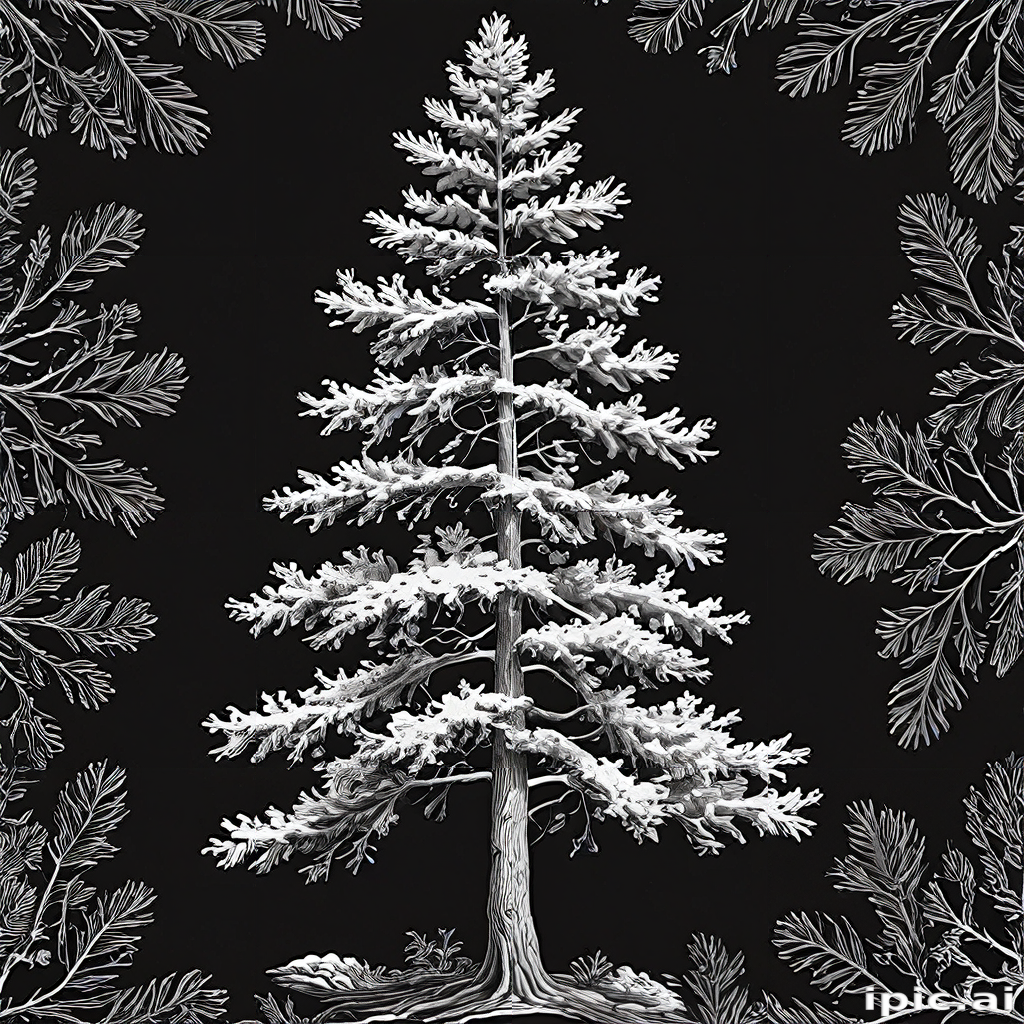 Elegant White Tree Surrounded by Intricate Black and White Foliage Design