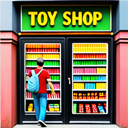 man leaving toy shop