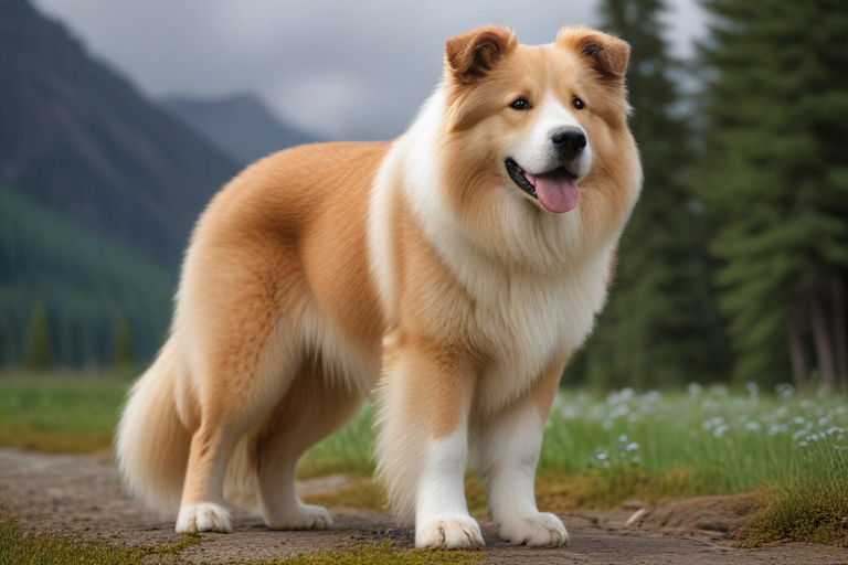 A Fluffy Dog Standing Proudly in a Beautiful Natural Landscape.