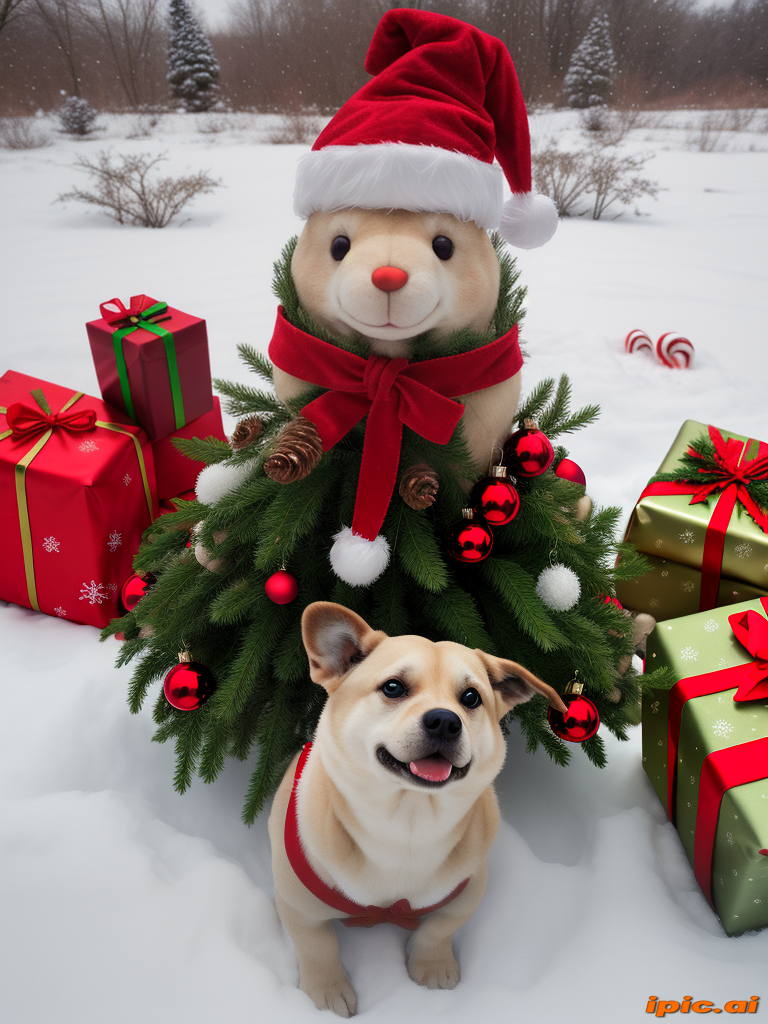 A Joyful Christmas Scene with a Festive Dog and Adorable Bear Decoration