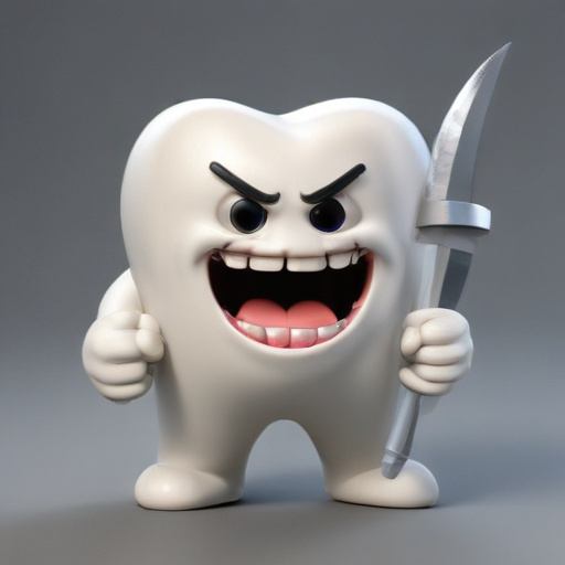 Cartoonized, stylized, tooth. Military molar wielding a weapon. Angry ...