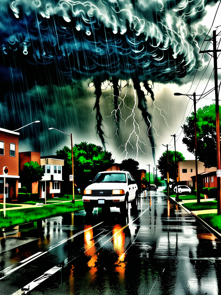 Intense Storm Approaches as Car Drives Through Rainy City Streets