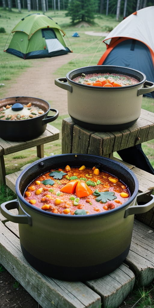 Delicious Outdoor Cooking: Hearty Stews Simmering Over a Campfire in Nature