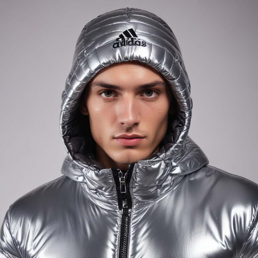 Male supermodel adidas shiny puffer jacket bling jewellery hood headband