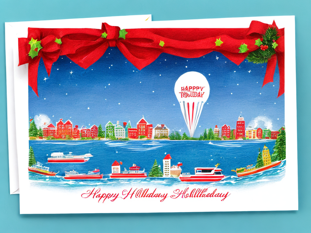 happy holiday card with 1 train, 1 airplane and 1 boat