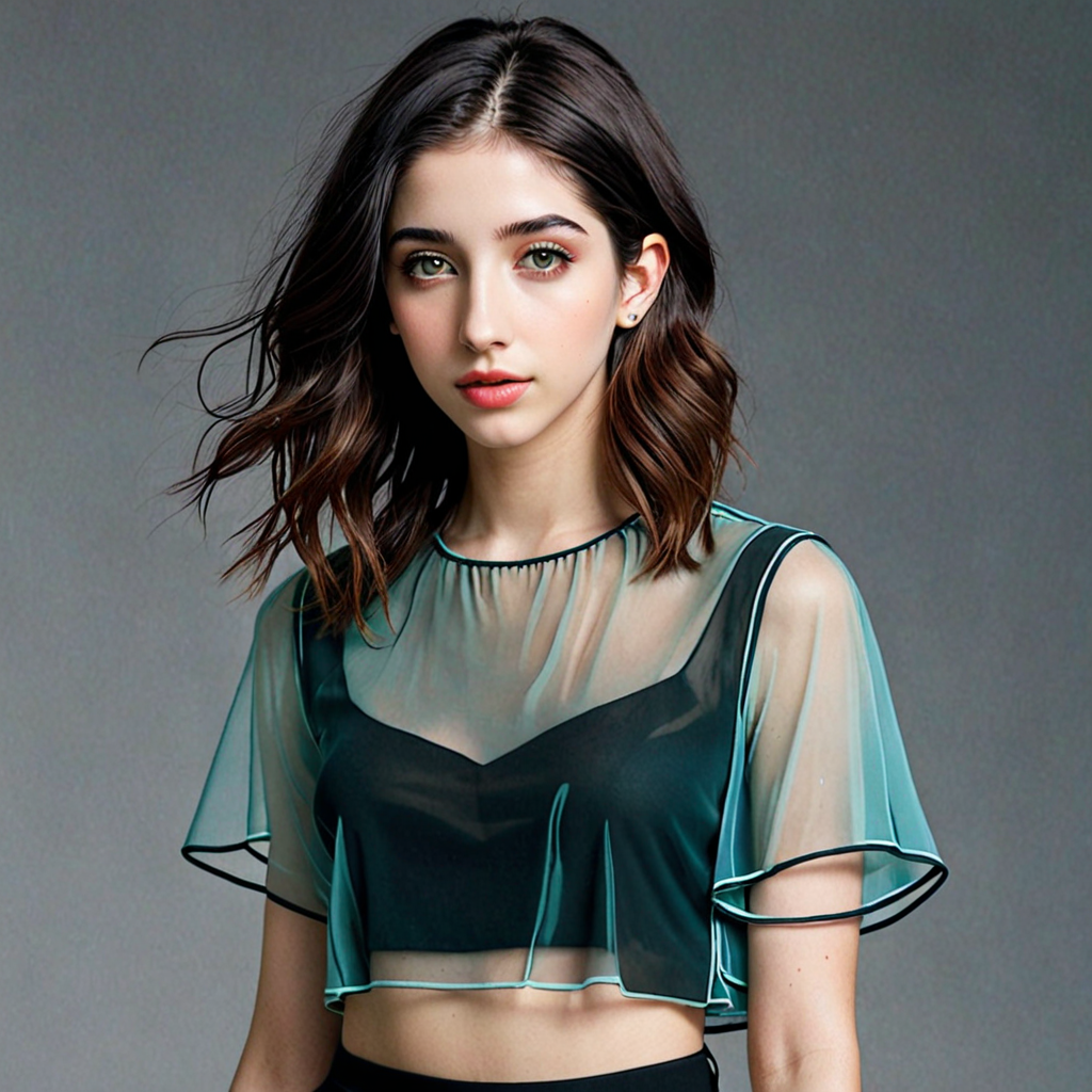 Emily Rudd, translucent sheer top, anime art style, artistic