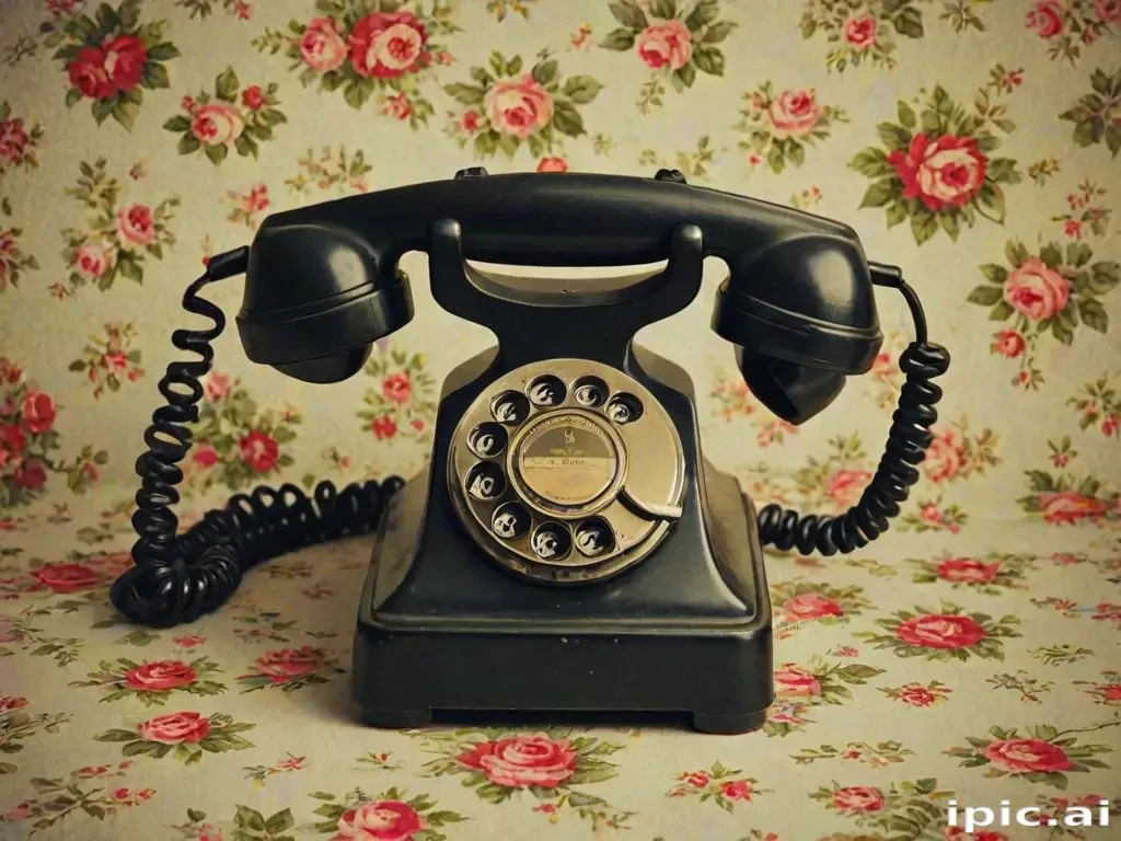 Classic Vintage Rotary Telephone Against a Floral Wallpaper Background