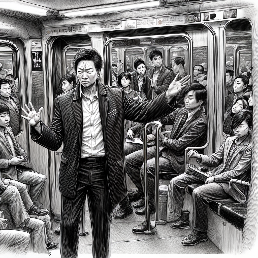 The ASIAN MUSIC CONDUCTOR IN subway train. HIP HOP. SHALOW DEPTH. COMIC ...