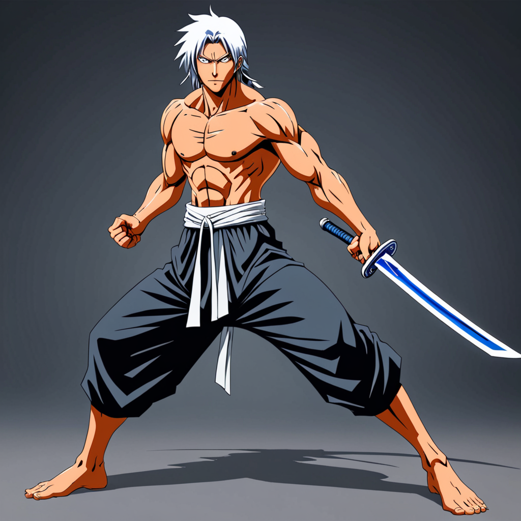 anime fighter in a dinamic pose in anime bleach style