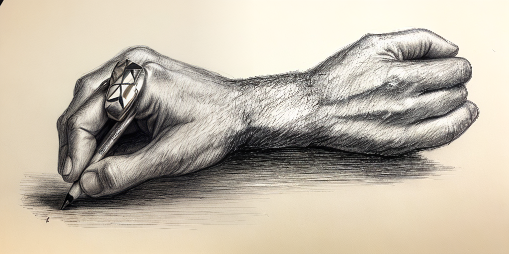 a drawing of a hand drawing itself, in pencil, on a sheet of paper.