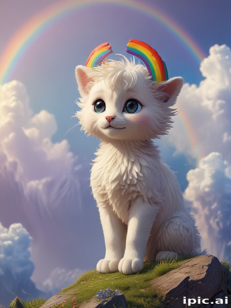 A Whimsical Kitten with Colorful Rainbow Horns Sitting Under a Bright Sky.
