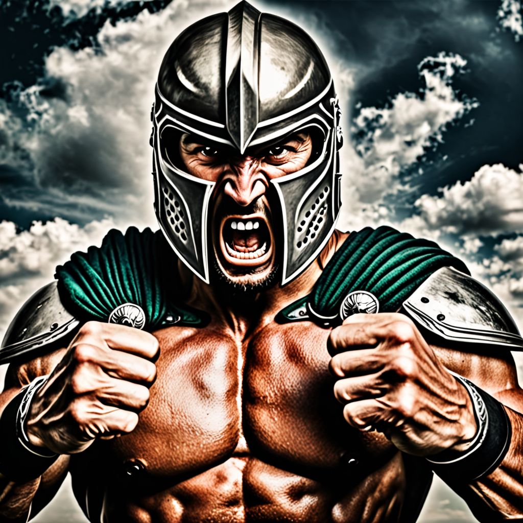 Realistic portrait of an angry Spartan warrior showing his fists