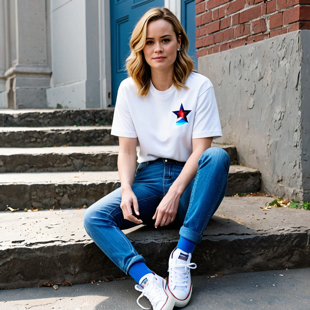 Mcu Brie Larson Carol Danvers Sitting in White Shirt, Blue Jeans, White ...