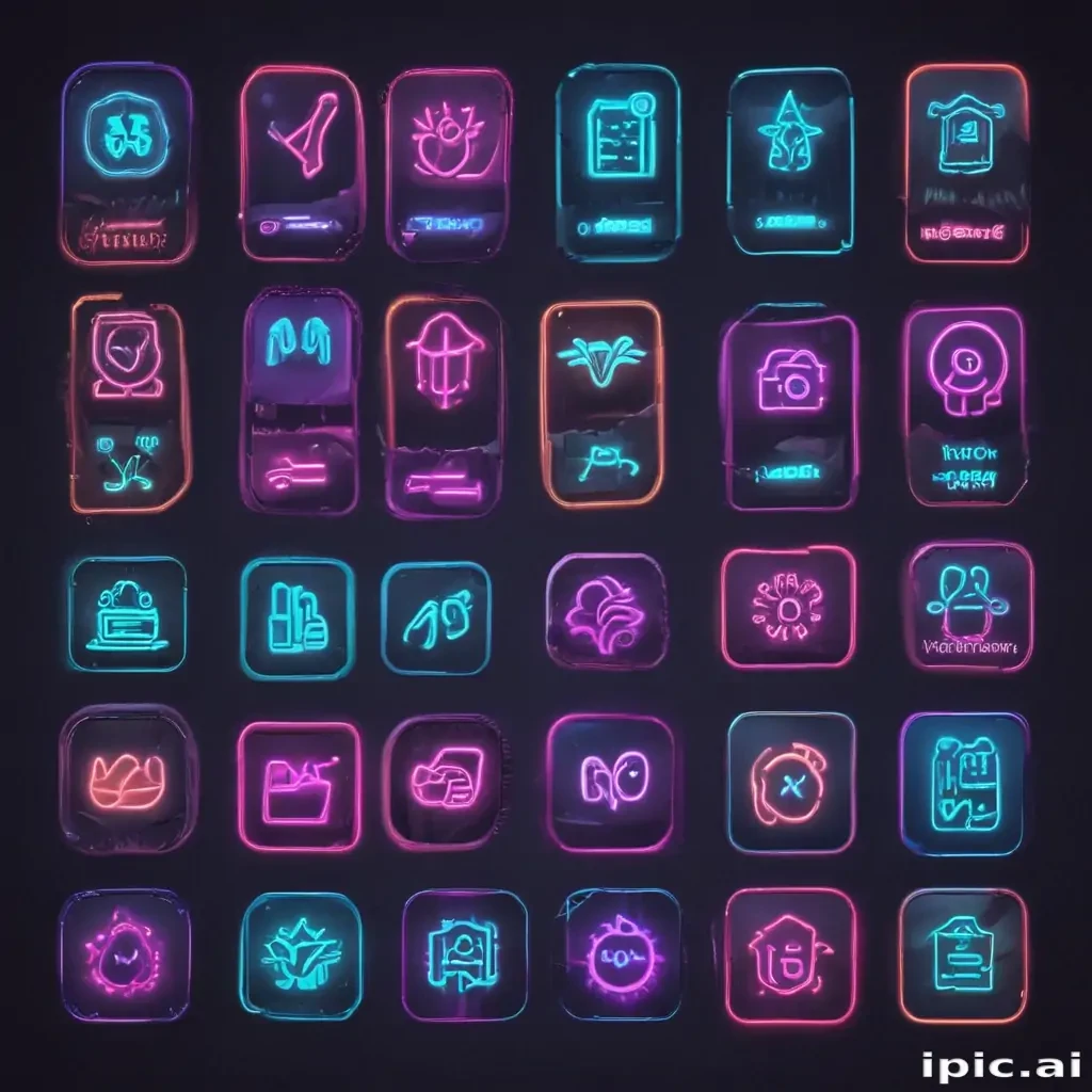 Colorful Neon Icons Displaying Various Applications and Features in ...