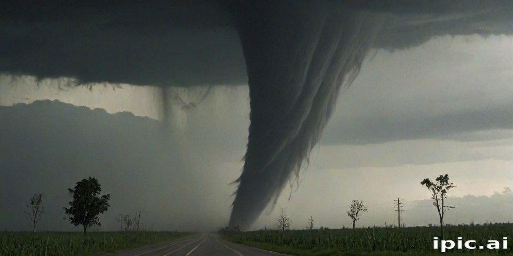Powerful Tornado Descending from Dark Clouds Over Open Rural Landscape
