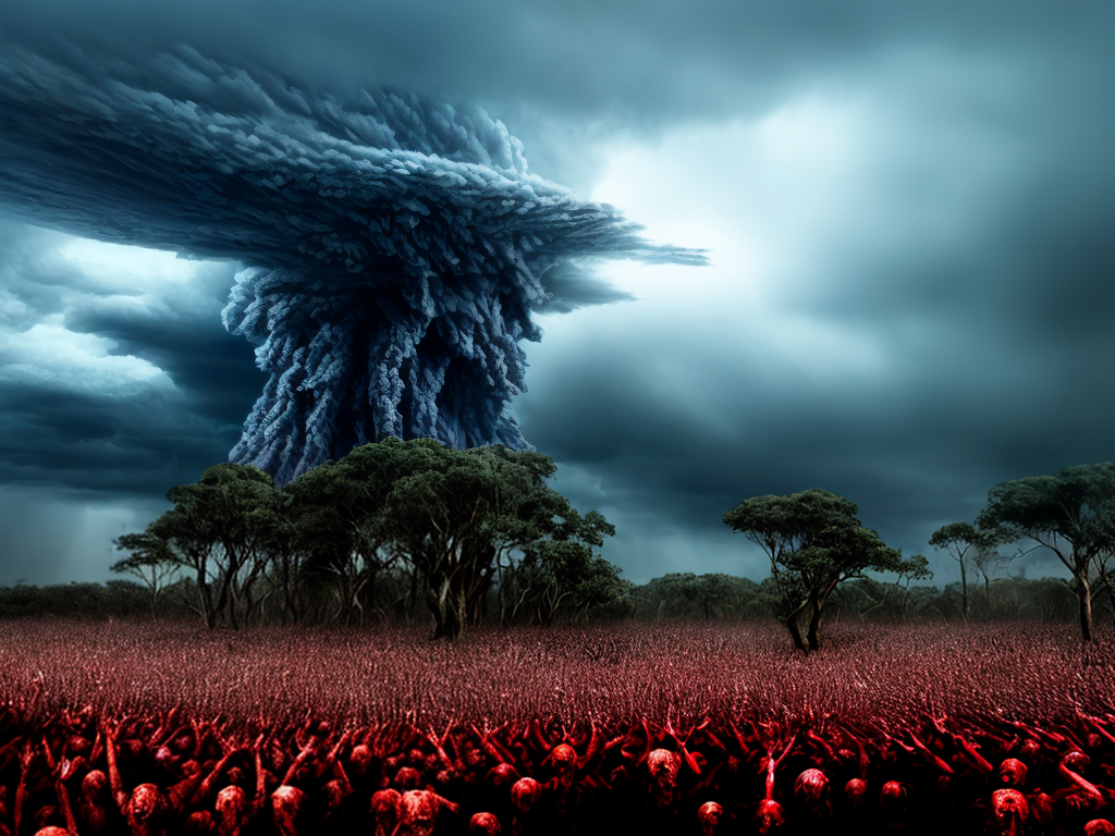 thousands of bloody zombies fighting an epic battle during a mystical storm