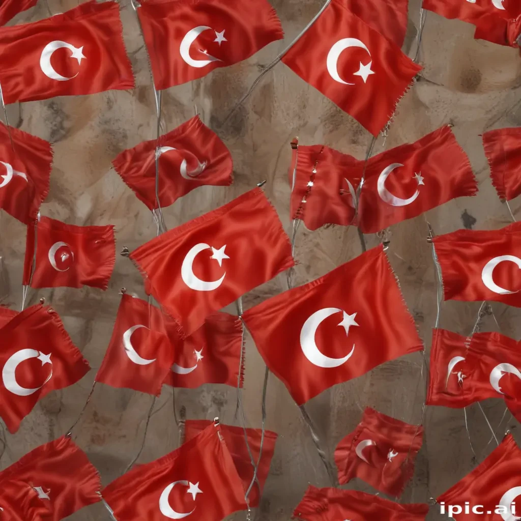 A Vibrant Display of Turkish Flags Fluttering Against a Rustic Background.