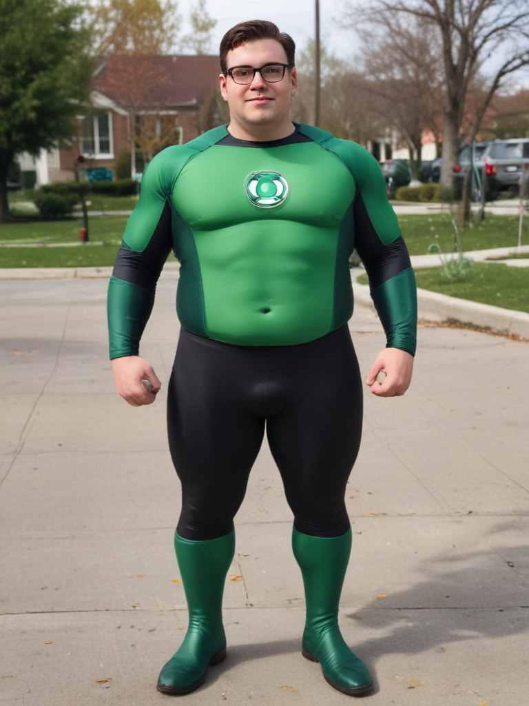 Realistic chubby college nerd guy, full body, realistic green lantern ...