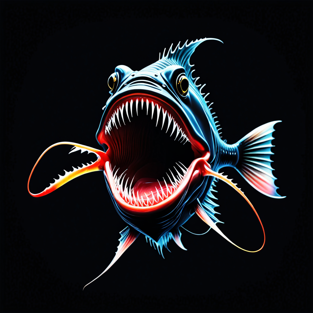realistic scary huge teeth angler fish illuminated by it's lure with ...
