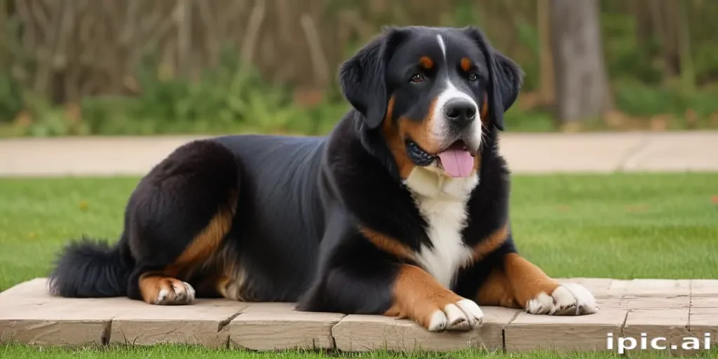 A Happy Bernese Mountain Dog Relaxing on a Sunny Day Outdoors.