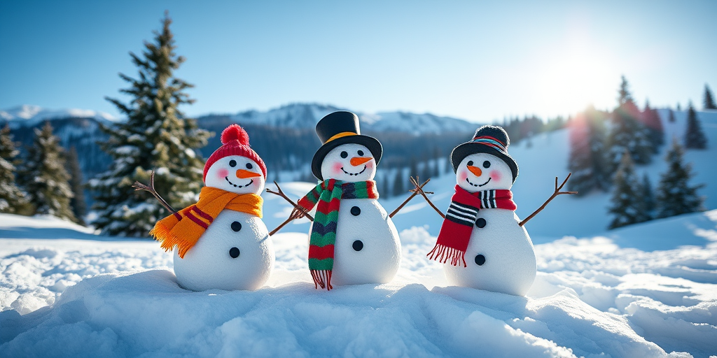 Create a vibrant winter scene featuring three cheerful snowmen in ...