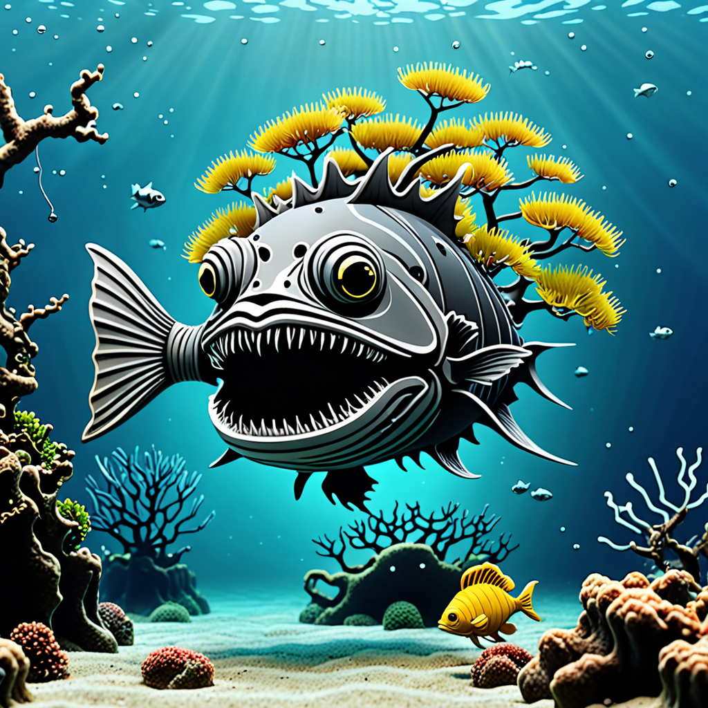 Cartoon angler fish eating a bonsai tree in the depths of the sea