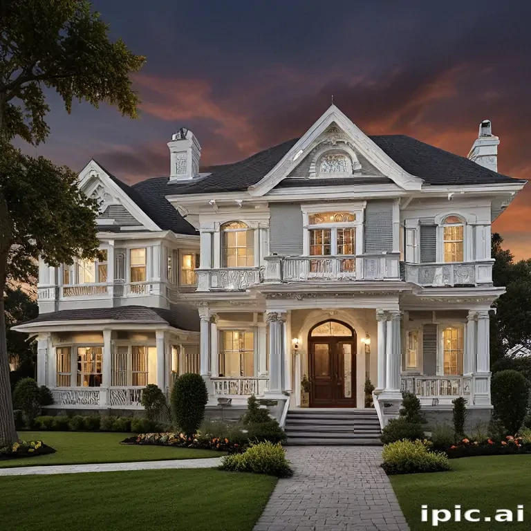 Elegant Victorian Mansion Surrounded by Lush Gardens Under a Dramatic Sky