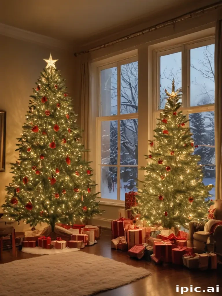 Cozy Holiday Scene with Two Beautifully Decorated Christmas Trees and Gifts