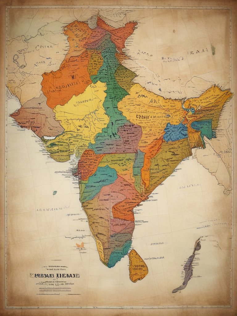 Colorful Antique Map of India Highlighting Historical Regions and States