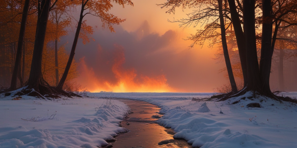 Winter Sunset Over a Snow-Covered Landscape with Flowing Stream