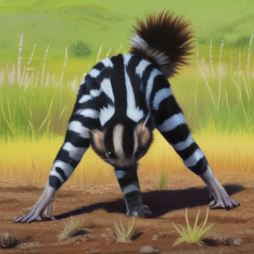 An eastern spotted skunk warning handstand in a field in an ...