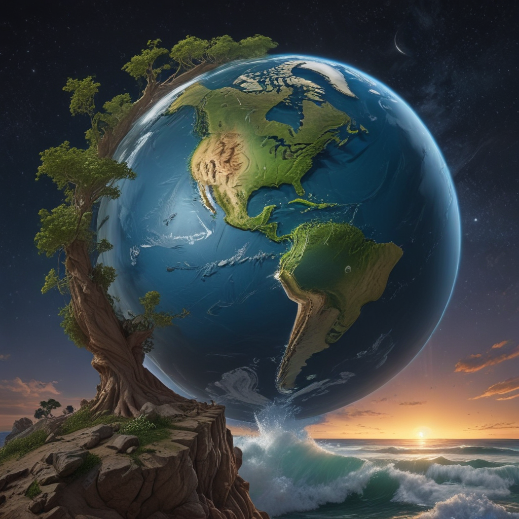 Majestic Earth: A Beautiful Planet Surrounded by Lush Nature and Waves