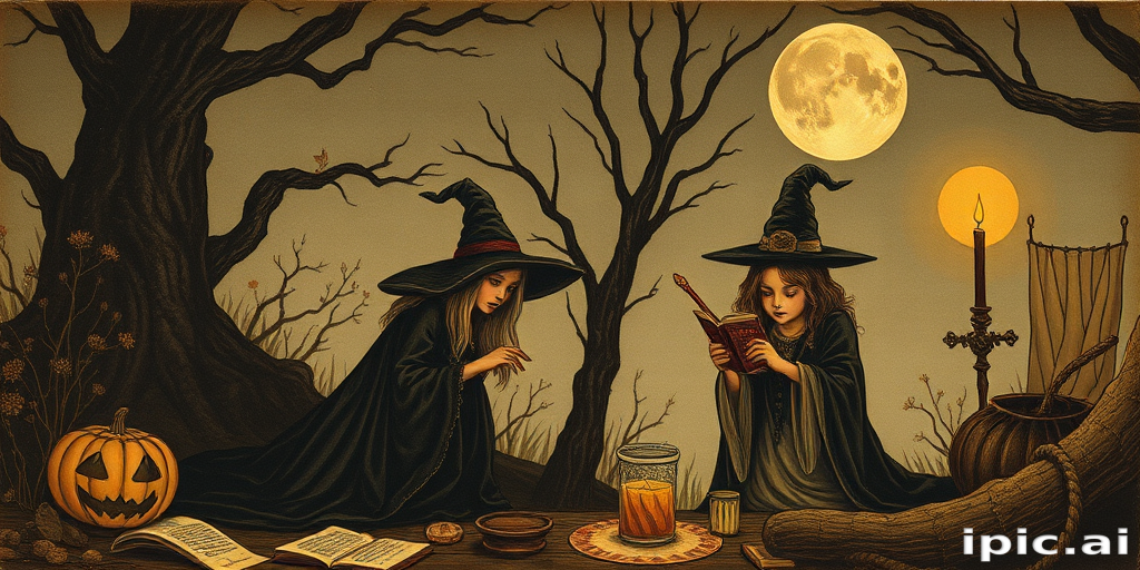 Two Witches Engaged in Spellbinding Ritual Under a Full Moon's Glow