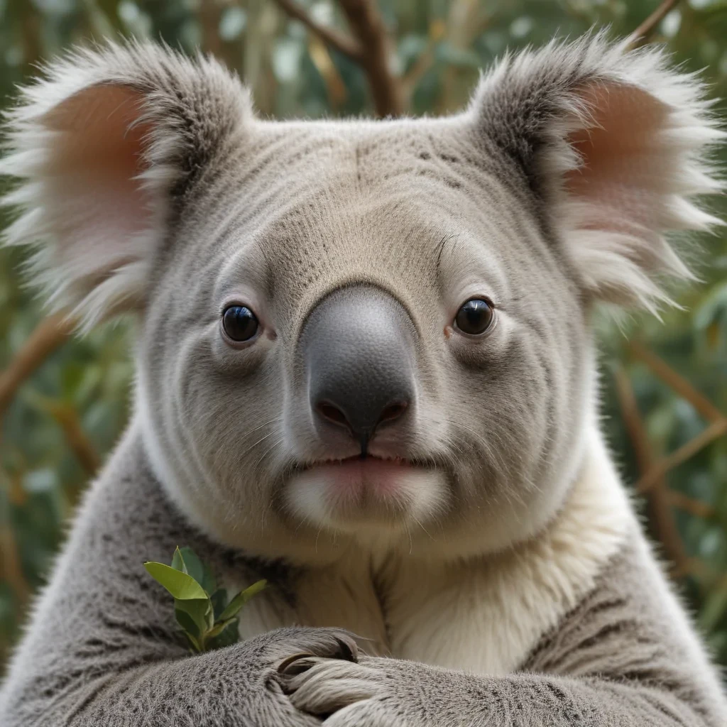 A Close-Up Portrait of a Koala with a Leaf in Its Grasp