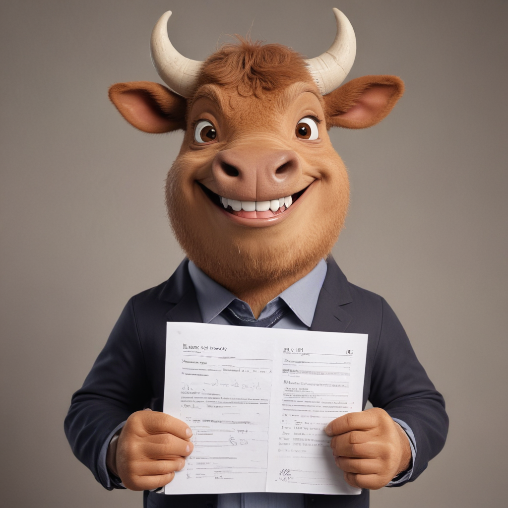 An animated smiling OX as a teacher holding certification test papers ...