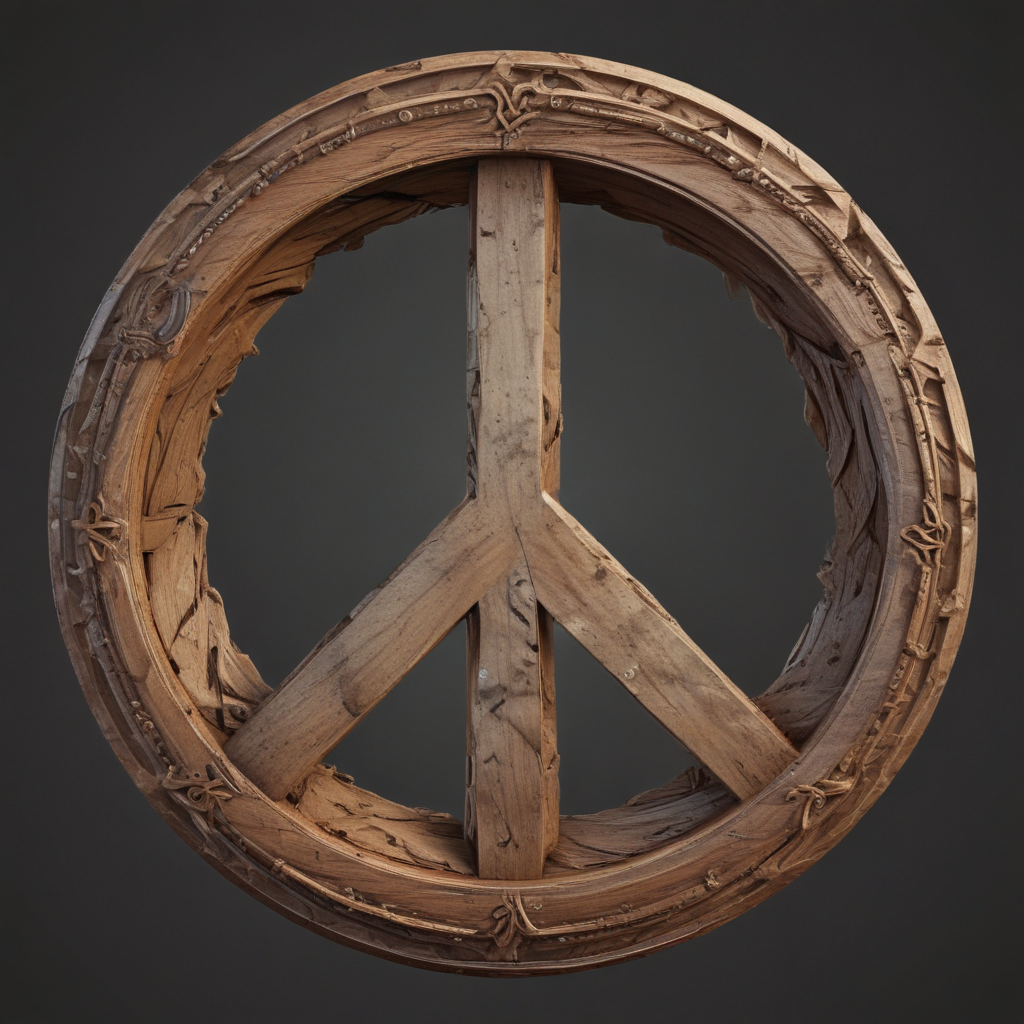 Intricately Carved Wooden Peace Symbol with Natural Textures and Details