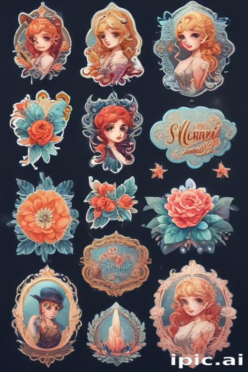 Whimsical Collection of Colorful Portrait Stickers Featuring Elegant ...