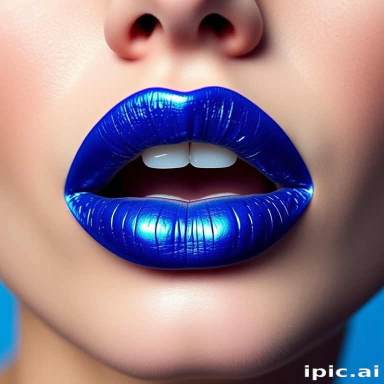 Close-Up of Glossy Blue Lips Showcasing Bold and Vibrant Makeup Style
