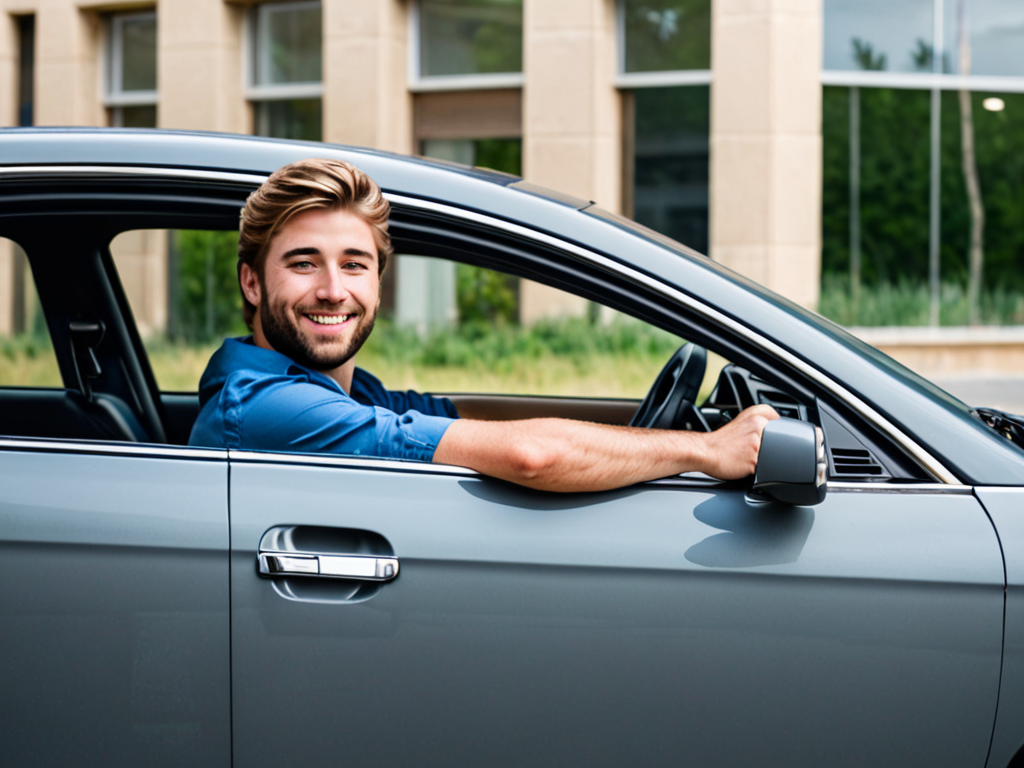 male driver in a car, full car side view, saying hi
