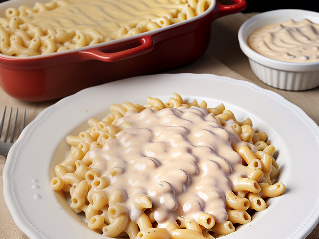 A Deliciously Creamy Plate of Macaroni and Cheese with Extra Sauce.